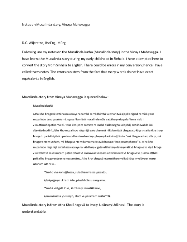 (DOC) Notes on Mucalinda-story, Vinaya Mahavagga