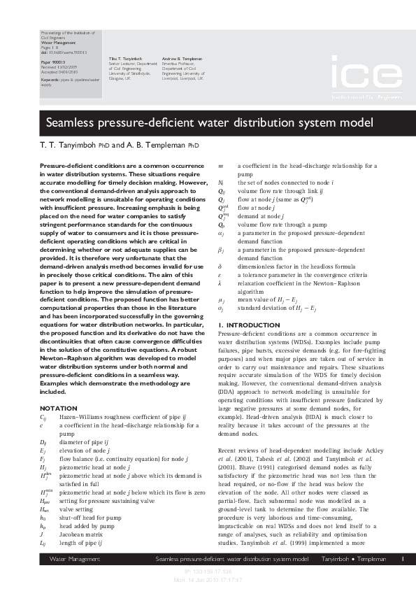 (PDF) Seamless pressure-deficient water distribution system model