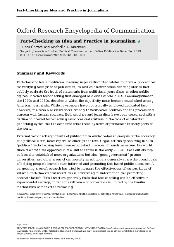 (PDF) Fact-checking as Idea and Practice in Journalism