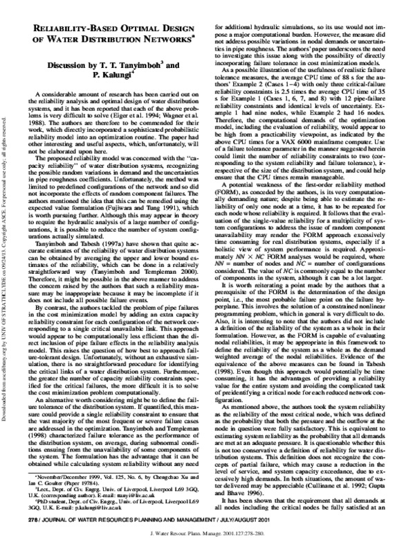 (PDF) RELIABILITY-BASED OPTIMAL DESIGN OF WATER DISTRIBUTION NETWORKS