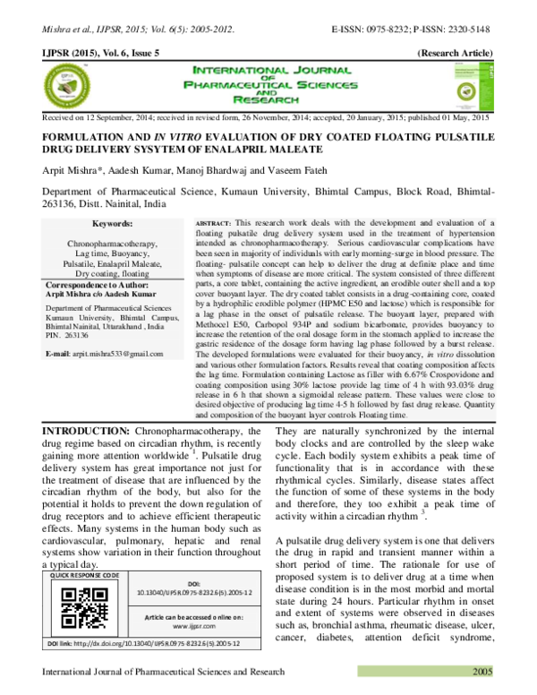 (PDF) FORMULATION AND IN VITRO EVALUATION OF DRY COATED FLOATING PULSATILE DRUG DELIVERY SYSYTEM ...