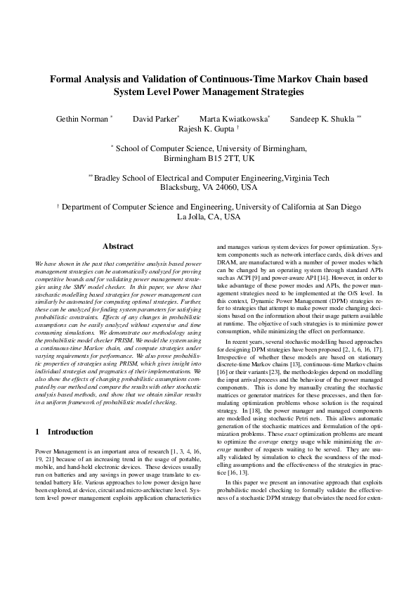 Pdf Formal Analysis And Validation Of Continuous Time Markov Chain Based System Level Power