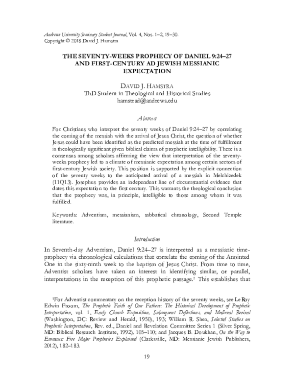 (PDF) The Seventy-Weeks Prophecy of Daniel 9:24-27 and First-Century AD ...