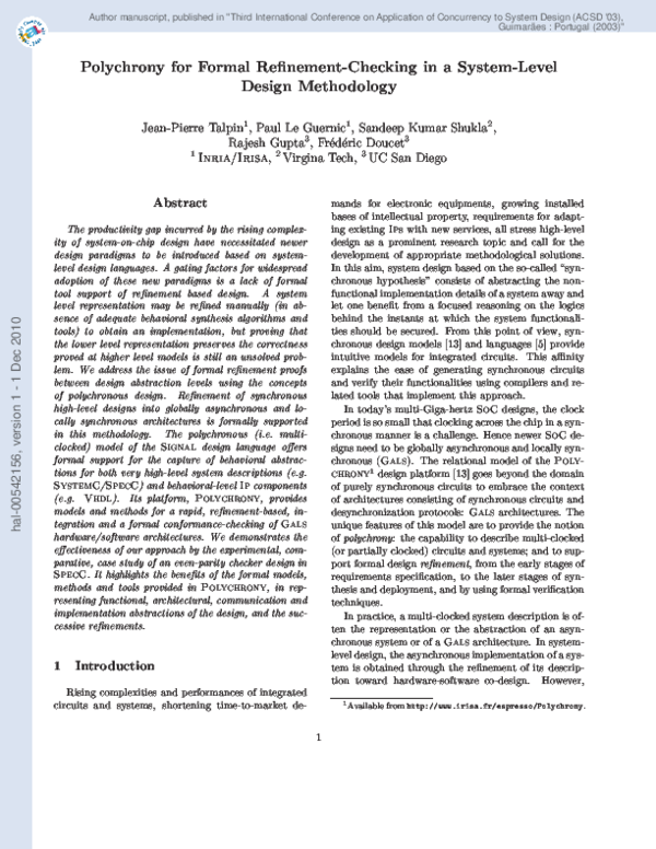 (PDF) Polychrony for formal refinement-checking in a system-level design methodology