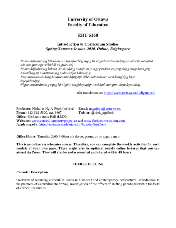 (PDF) EDU 5260 Introduction Curriculum Studies Syllabus 2020 Draft