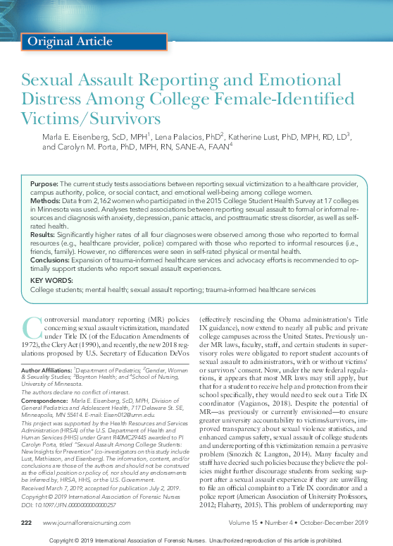 (PDF) Sexual Assault Reporting and Emotional Distress Among College ...