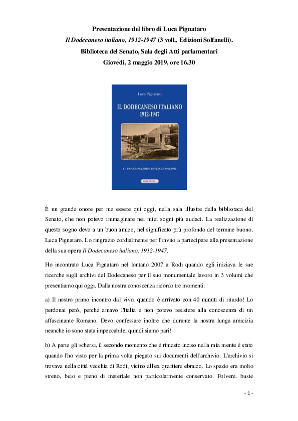 (PDF) Presentazione del libro "Il Dodecaneso italiano, 1912-1947" di ...