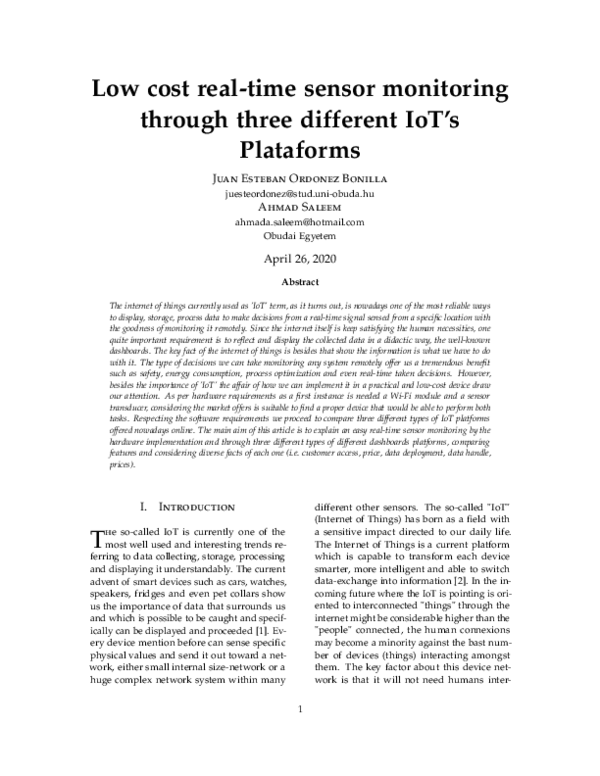 Pdf Low Cost Real Time Sensor Monitoring Through Three Different Iot