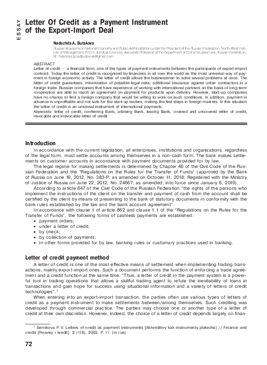 (PDF) Letter Of Credit as a Payment Instrument of the Export-Import Deal