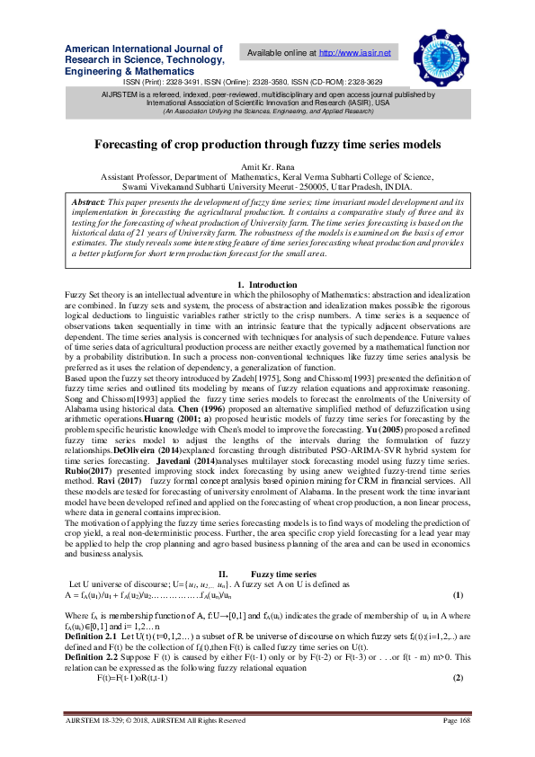 Pdf Forecasting Of Crop Production Through Fuzzy Time Series Models