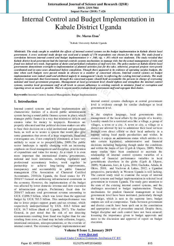 (PDF) Internal Control and Budget Implementation in Kabale District Uganda