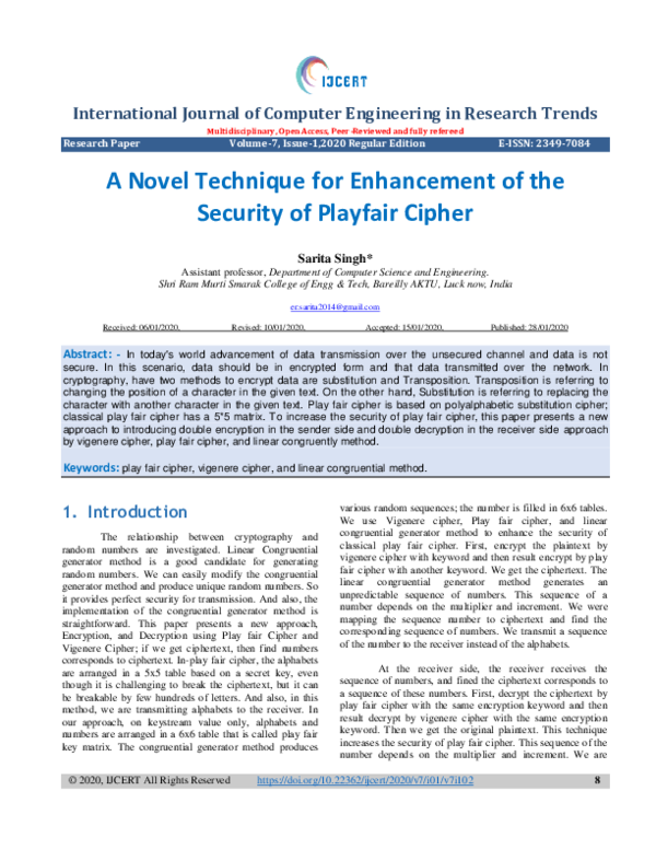 (PDF) A Novel Technique for Enhancement of the Security of Playfair Cipher