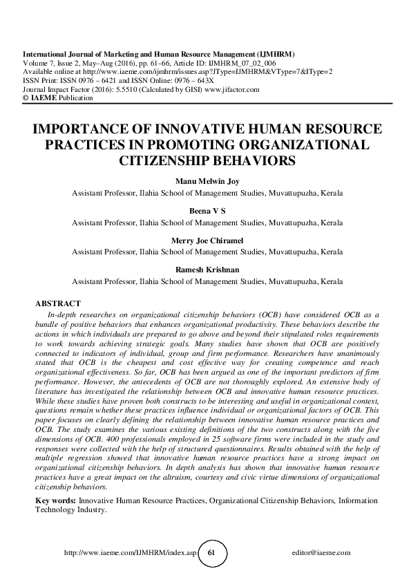 (PDF) IMPORTANCE OF INNOVATIVE HUMAN RESOURCE PRACTICES IN PROMOTING ...