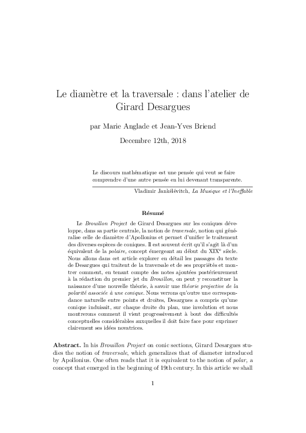 (PDF) Le diamètre et la traversale : dans l'atelier de Girard Desargues