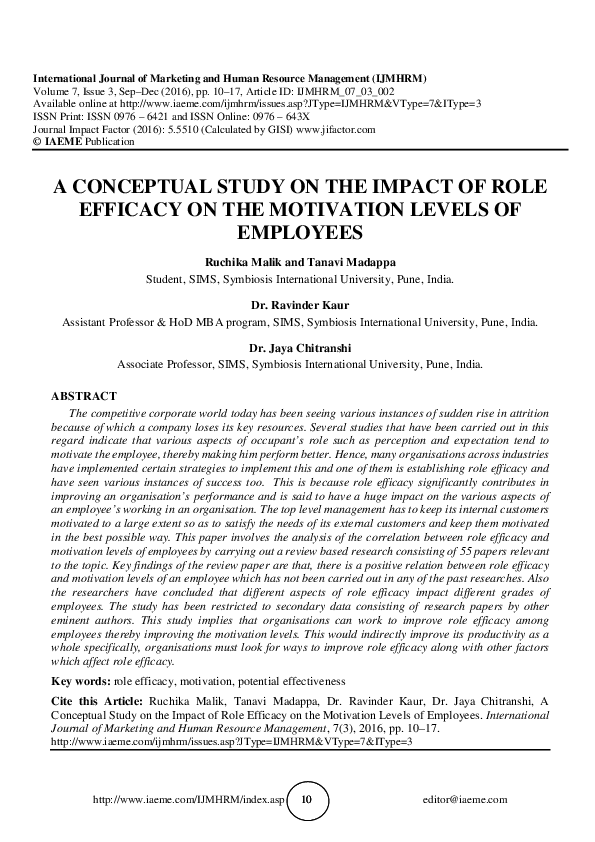 (PDF) A CONCEPTUAL STUDY ON THE IMPACT OF ROLE EFFICACY ON THE ...