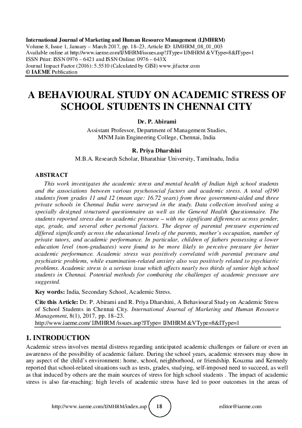 (PDF) A BEHAVIOURAL STUDY ON ACADEMIC STRESS OF SCHOOL STUDENTS IN ...