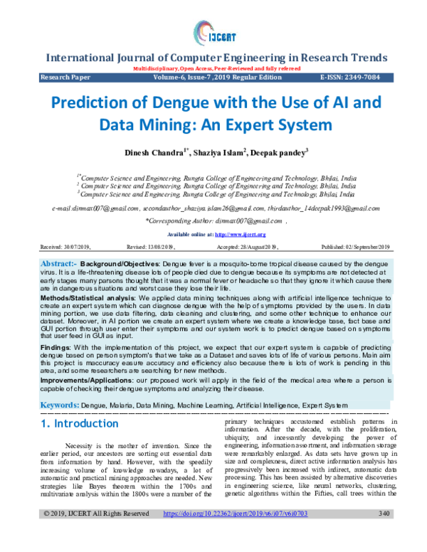 Pdf Prediction Of Dengue With The Use Of Ai And Data Mining An Expert System 