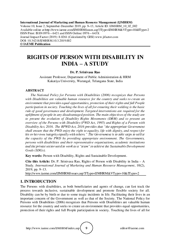 (PDF) RIGHTS OF PERSON WITH DISABILITY IN INDIA -A STUDY