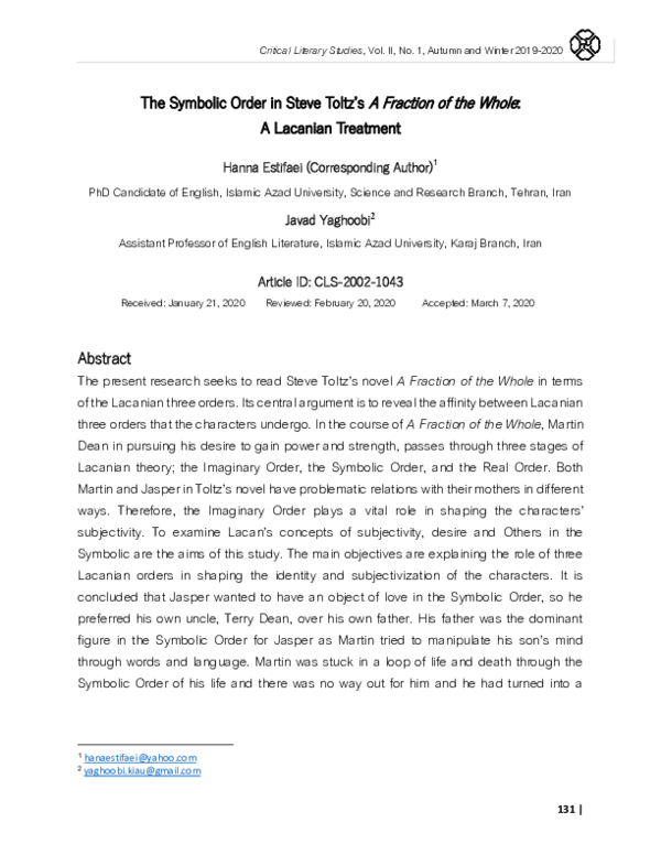 (PDF) The Symbolic Order in Steve Toltz's A Fraction of the Whole