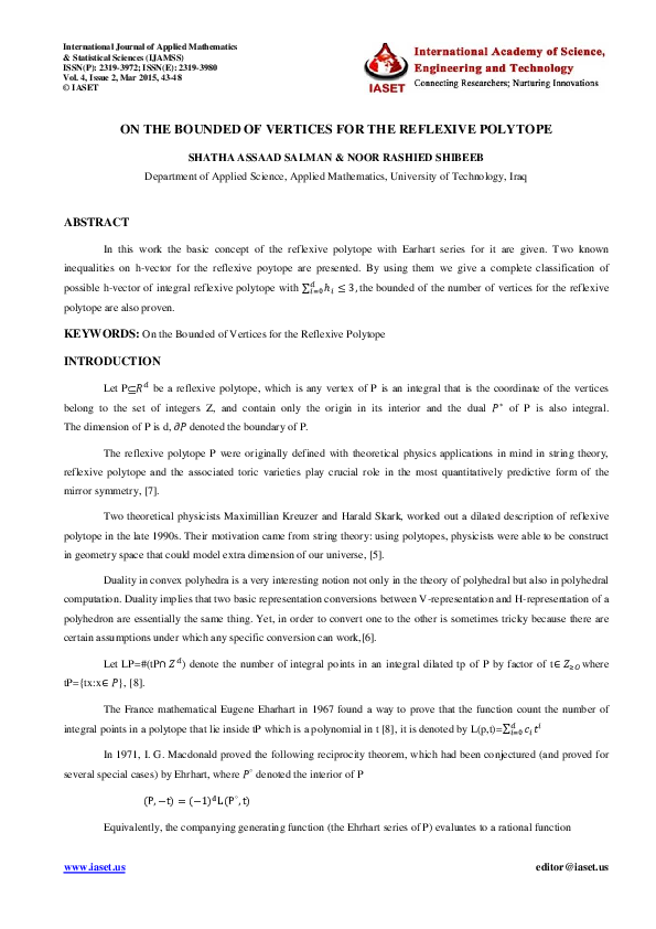 (PDF) ON THE BOUNDED OF VERTICES FOR THE REFLEXIVE POLYTOPE