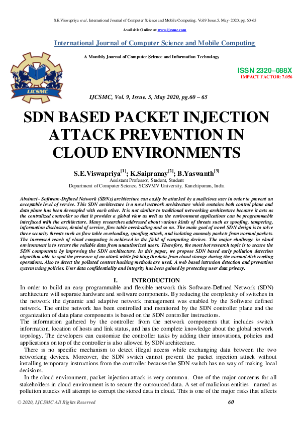 (PDF) SDN BASED PACKET INJECTION ATTACK PREVENTION IN CLOUD ENVIRONMENTS﻿