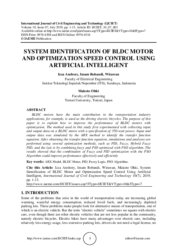 (PDF) SYSTEM IDENTIFICATION OF BLDC MOTOR AND OPTIMIZATION SPEED CONTROL USING ARTIFICIAL ...