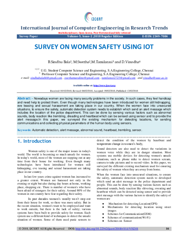 (PDF) SURVEY ON WOMEN SAFETY USING IOT