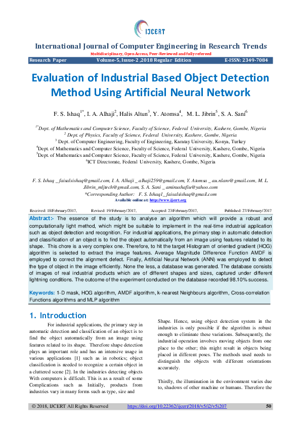 Pdf Evaluation Of Industrial Based Object Detection Method Using