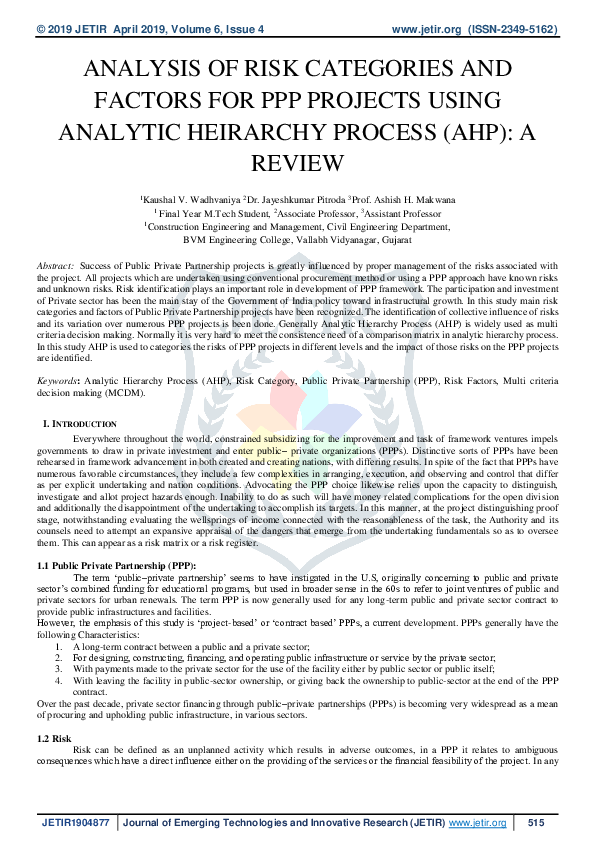 Pdf Analysis Of Risk Categories And Factors For Ppp Projects Using Analytic Hierarchy Process