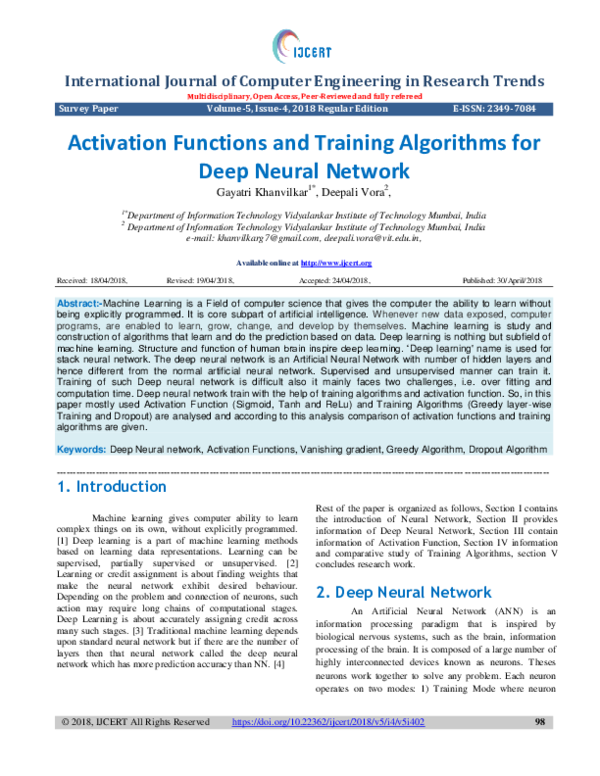Pdf Activation Functions And Training Algorithms For Deep Neural Network