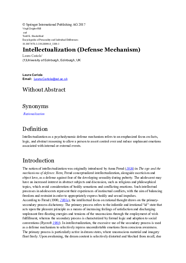 (DOC) Intellectualization (defense mechanism). In V. Zeigler-Hill & T ...