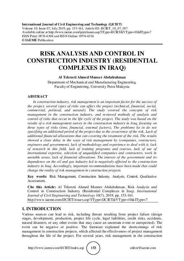(PDF) RISK ANALYSIS AND CONTROL IN CONSTRUCTION INDUSTRY (RESIDENTIAL ...