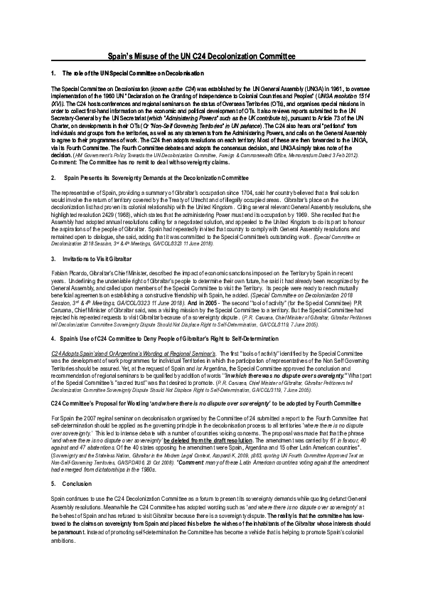 (PDF) Spain's Misuse of the UN C24 Decolonization Committee