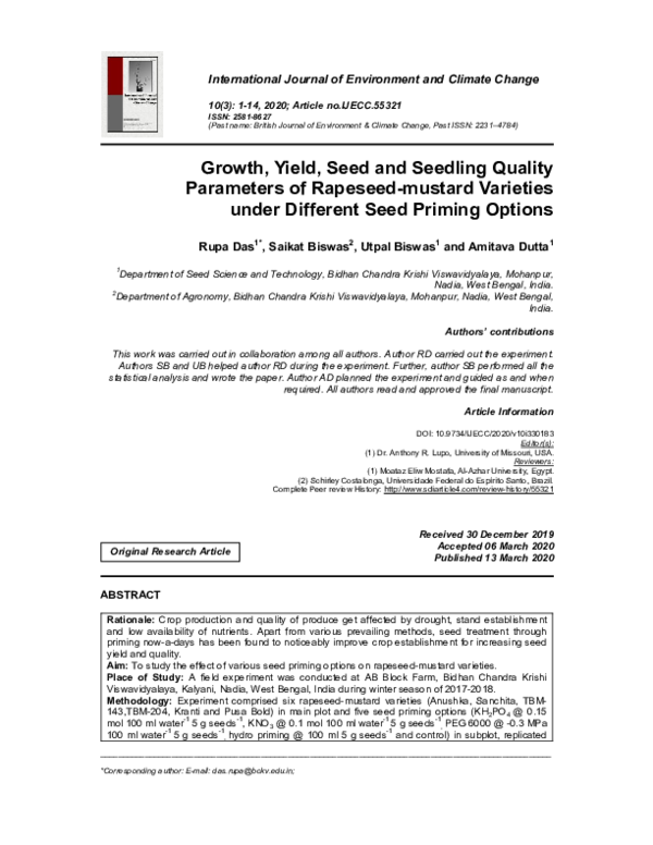 (PDF) Growth, Yield, Seed and Seedling Quality Parameters of Rapeseed-mustard Varieties under ...