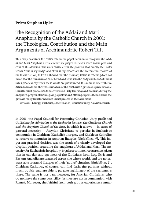 (PDF) The Recognition of the Addai and Mari Anaphora by the Catholic ...