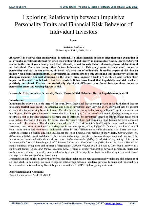 (PDF) Exploring Relationship between Impulsive Personality Traits and Financial Risk Behavior of ...