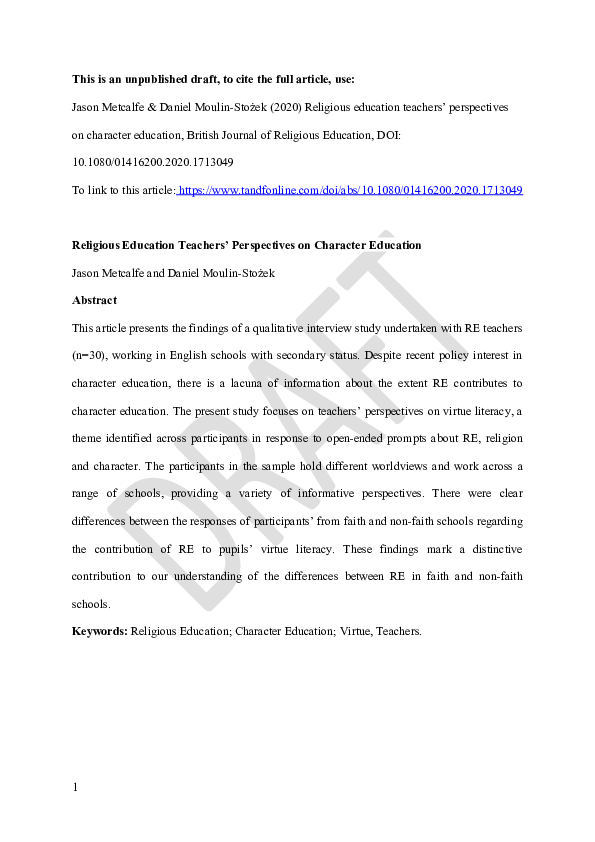 (DOC) Religious education teachers' perspectives on character education