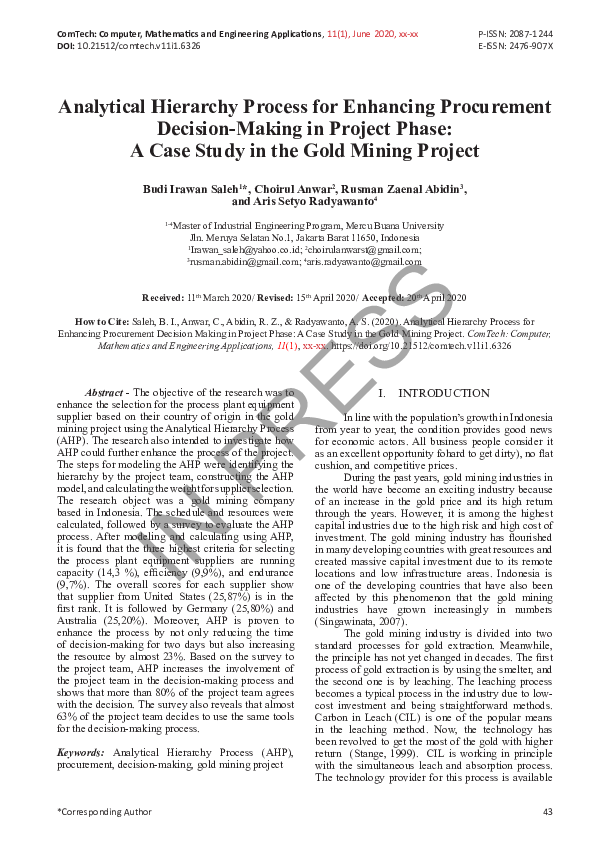 (PDF) Analytical Hierarchy Process for Enhancing Procurement Decision Making in Project Phase: A ...