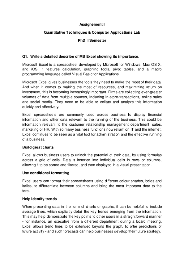 (PDF) Assignement I Quantitative Techniques & Computer Applications Lab