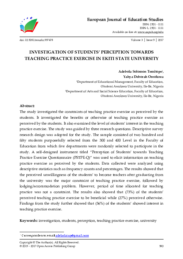 (PDF) INVESTIGATION OF STUDENTS' PERCEPTION TOWARDS TEACHING PRACTICE ...