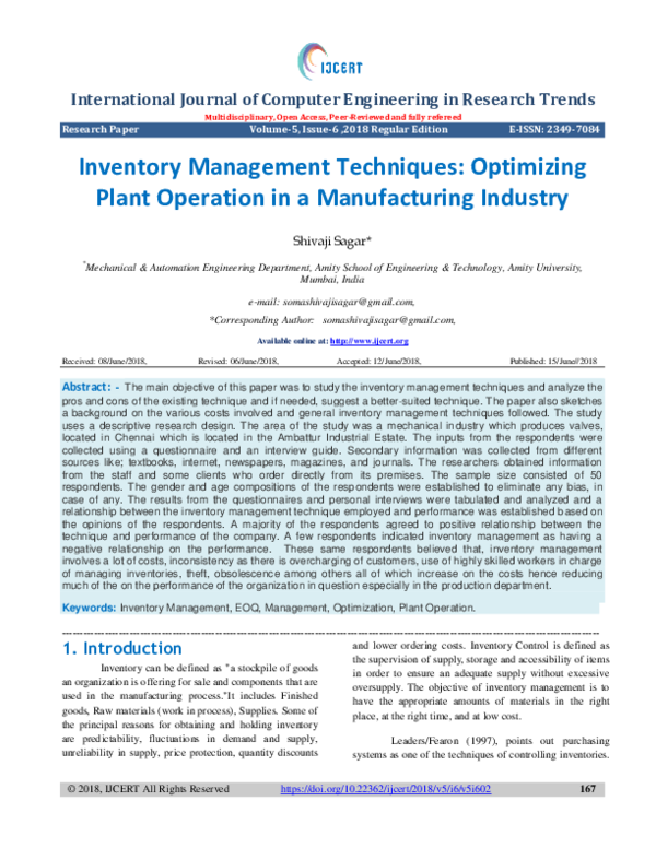 (PDF) Inventory Management Techniques: Optimizing Plant Operation in a ...