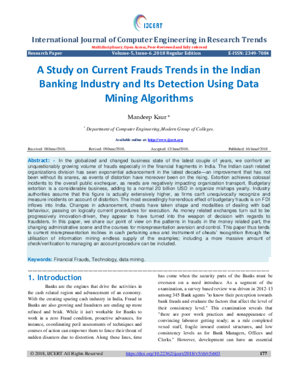 (PDF) A Study on Current Frauds Trends in the Indian Banking Industry and Its Detection Using ...