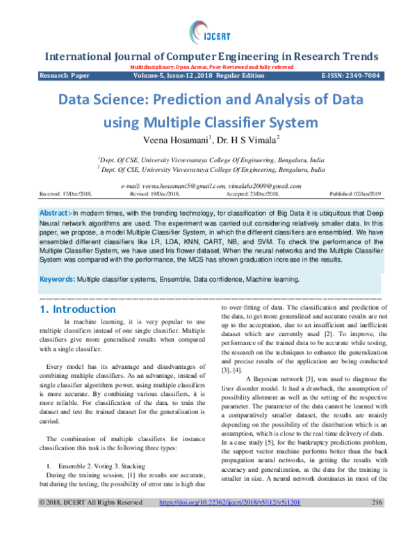 Pdf Data Science Prediction And Analysis Of Data Using Multiple Classifier System