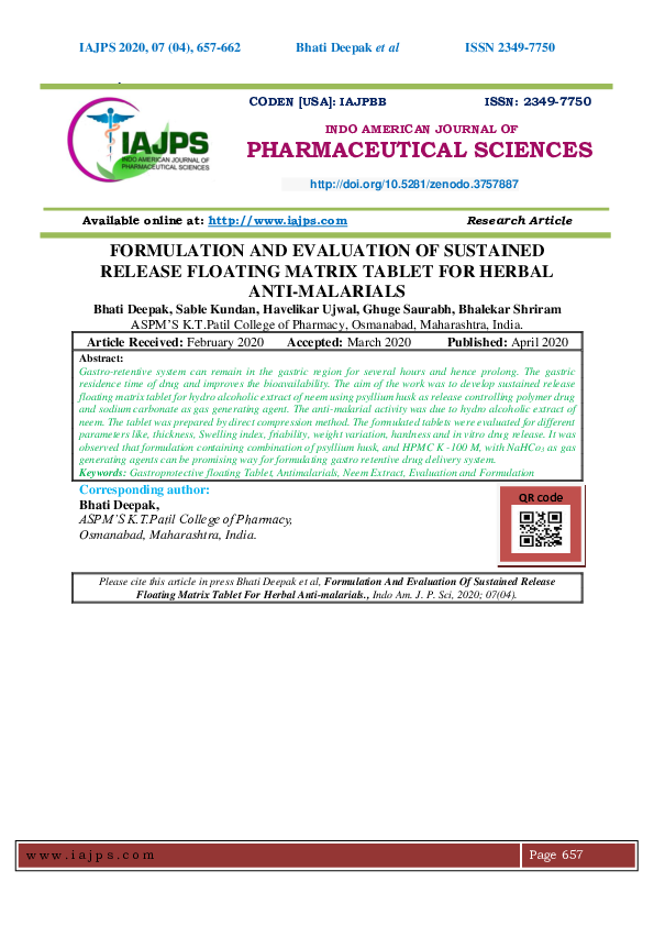 Pdf Formulation And Evaluation Of Sustained Release Floating Matrix Tablet For Herbal Anti