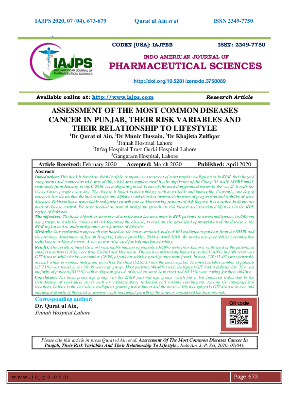 (PDF) ASSESSMENT OF THE MOST COMMON DISEASES CANCER IN PUNJAB, THEIR ...
