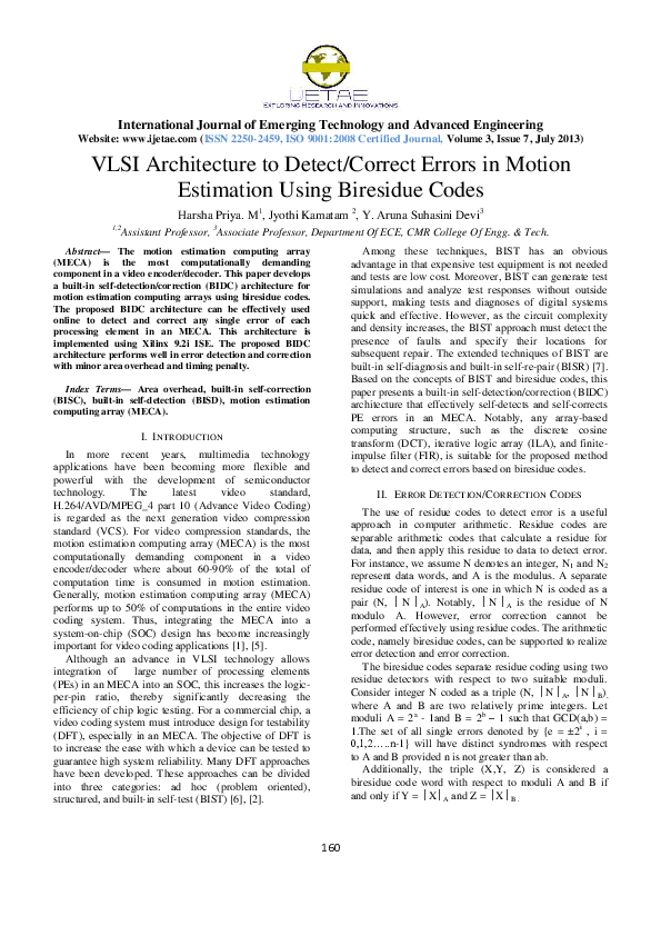Pdf Vlsi Architecture To Detectcorrect Errors In Motion Estimation Using Biresidue Codes
