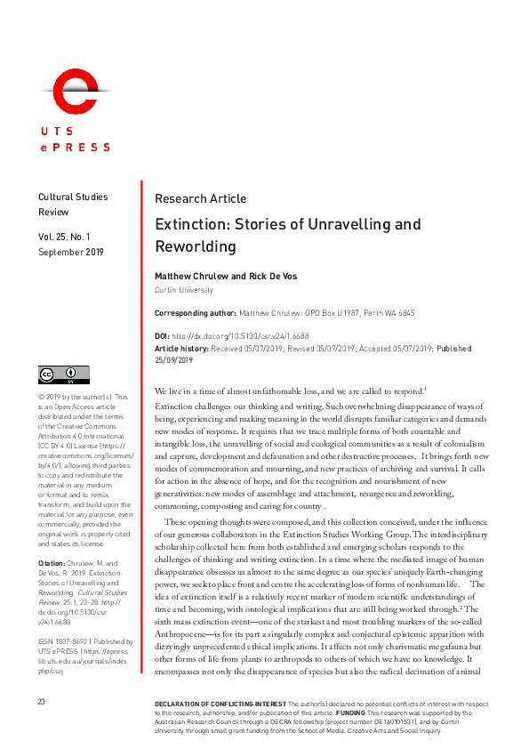 (PDF) M. Chrulew and R. De Vos, 'Extinction: Stories of Unravelling and ...