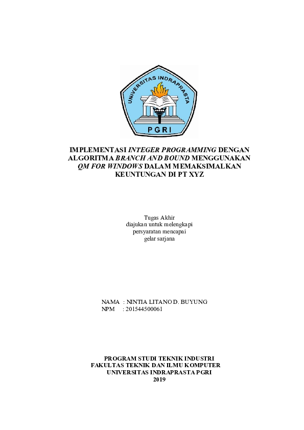 (DOC) IMPLEMENTASI INTEGER PROGRAMMING DENGAN ALGORITMA BRANCH AND BOUND MENGGUNAKAN QM FOR ...
