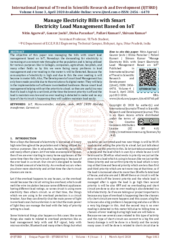 (PDF) Manage Electricity Bills with Smart Electricity Load Management Based on IoT