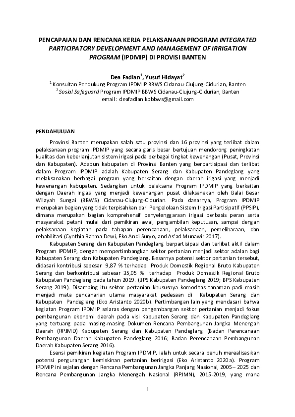 (PDF) Pencapaian dan Rencana Kerja Pelaksanaan Program Integrated Participatory Development and ...